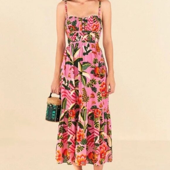 FARM Rio | Dresses | Nwt Farm Rio Leopard Forest Midi Dress Pink Floral ...